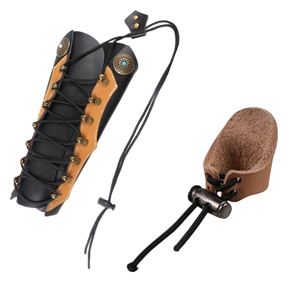 Huntingdoor Arm Guards Archery Leather Arm Protector Hunting Shooting Arrow Bow Gear Accessories +Huntingdoor Archery Finger Tabs Adjustable Thickened Thumb Guard Thumb Finger Protector