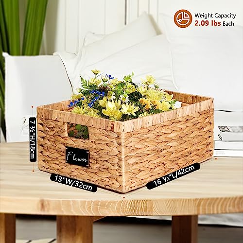 Kenvc 16.5in Jumbo Rectangular Wicker Basket, Rectangle Woven Baskets for Storage, Natural Water Hyacinth Storage Baskets with Built-in Handles, Chalkboard Labels & Chalk Marker, Large 1-Pack