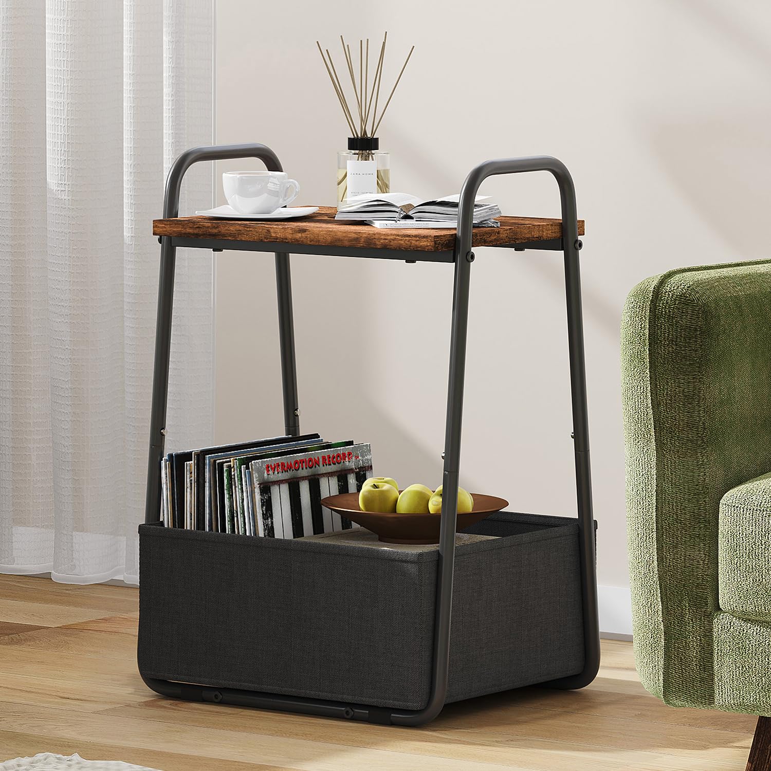 Heybly Side Table Set of 2, Nightstand with Fabric Storage Basket, Sofa End Table with Metal Frame for Living Room, Bedroom, Rustic Brown and Black HET002NSR2