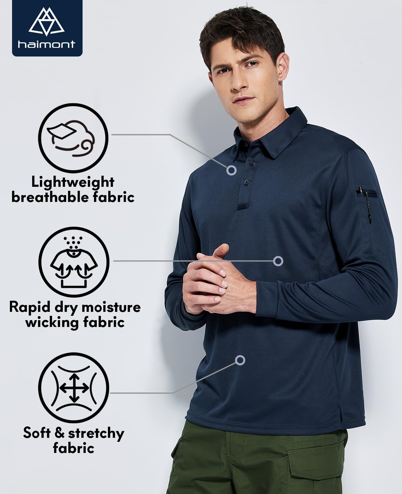 Haimont Tactical Polo Shirts for Men, Mens Outdoor Sport Performance Long Sleeve Quick Dry Polyester Golf Shirts Dark Blue, S