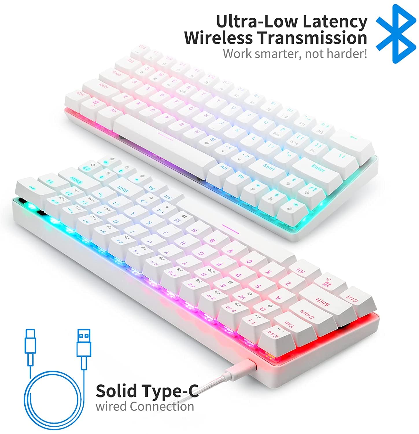 HUO JI Wireless Mechanical Gaming Keyboard, RGB Backlit, Bluetooth 5.0, Red Switches, CQ63 60% Compact 63 Keys Wired Keyboard for PC Tablet Laptop Cell Phone, White