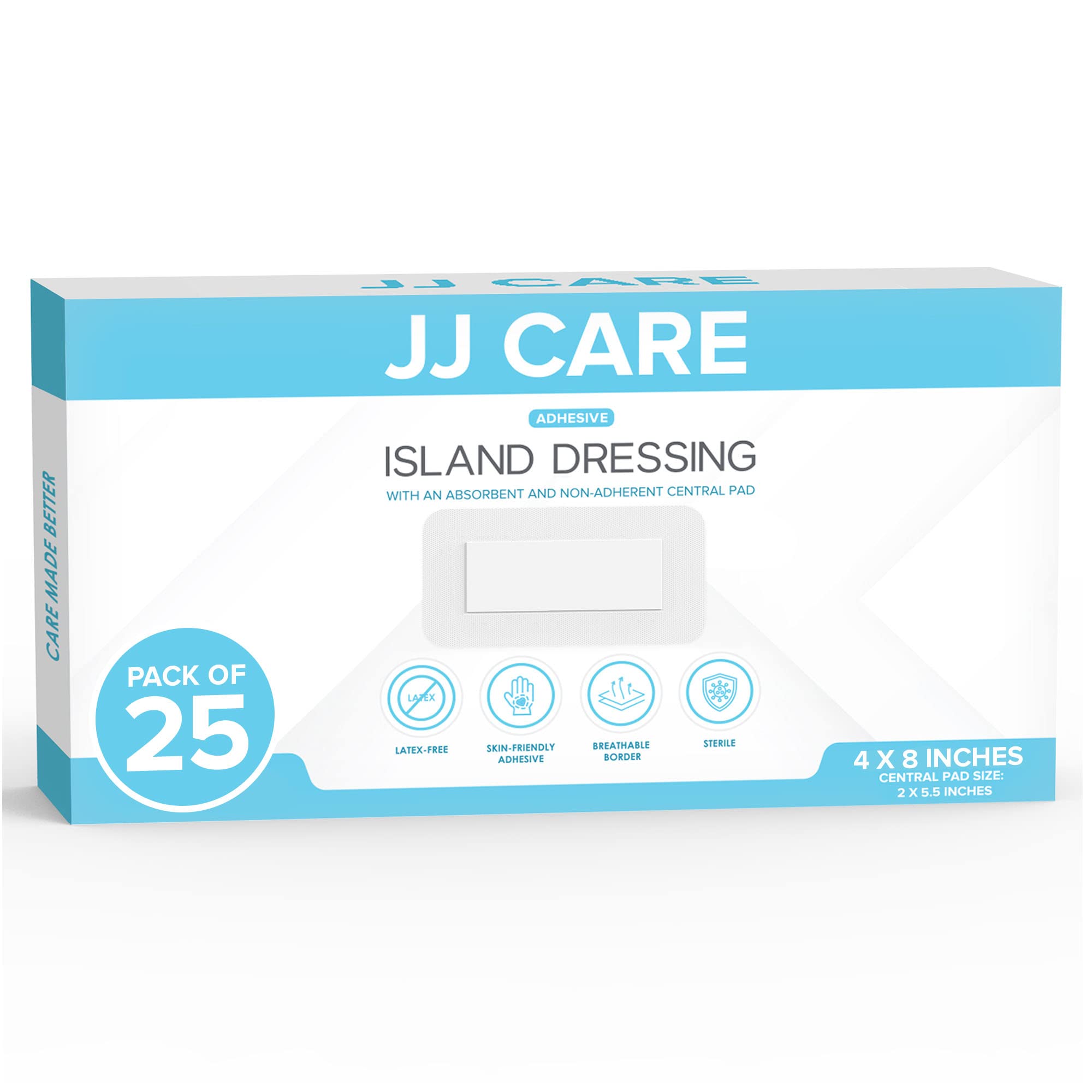 JJ CARE Adhesive Island Dressing [Pack of 25], 4” x 8” Sterile Island Wound Dressing, Breathable Bordered Gauze Dressing, Individually Wrapped Latex Free Wound Bandages with Non-Stick Central Pad