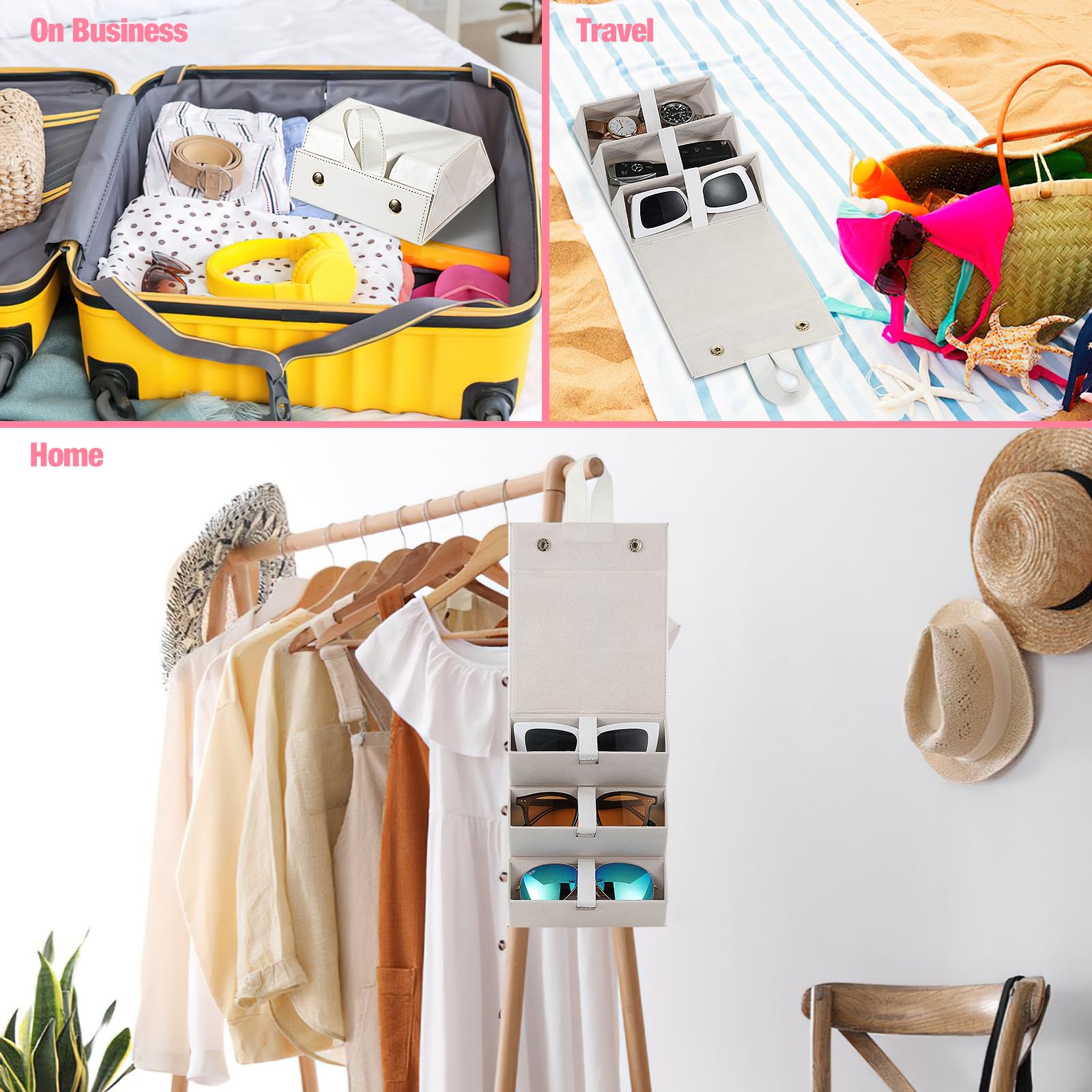 MoKo Sunglasses Organizer with 3 Slots, Foldable Travel Glasses Storage Case Holder Eyewear Display Box, White + Beige