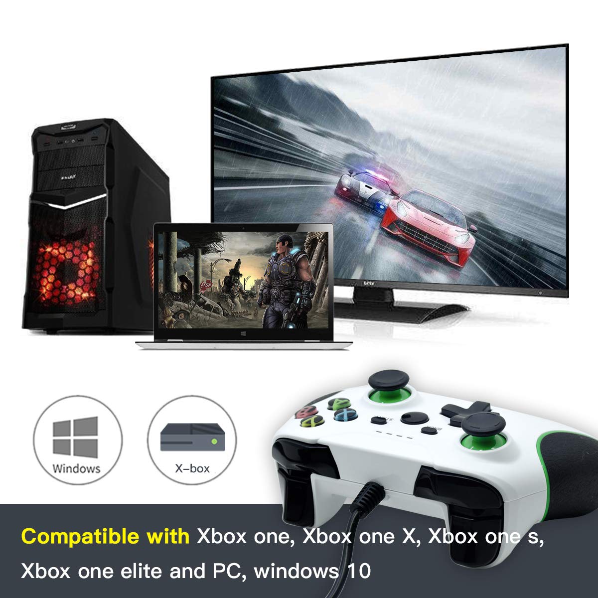 JDROAD Cable Controller for Xbox one,Wired Game Controller for Xbox one, USB Gamepad Game Controller, Suitable for Xbox one, Xbox one X, Xbox one s, Xbox one Elite, PC windows10 (White)