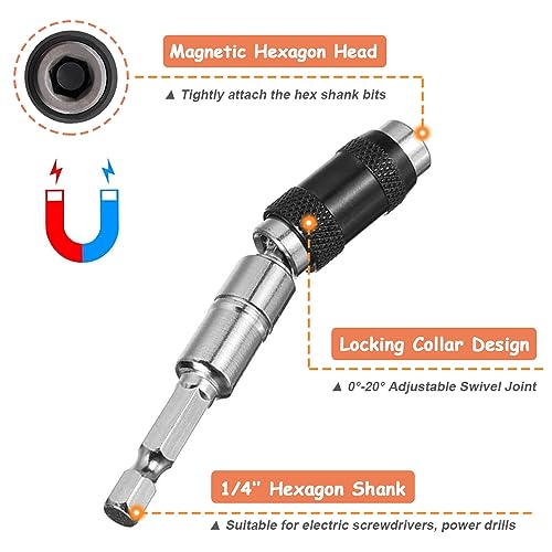 Mesee 3 Pieces Magnetic Pivoting Bit Tip Holder 1/4'' Hex Shank Quick Change Screwdriver Bit Holder Extension Bar Magnetic Screw Drill Tips Holder Extender Bendable in 20° for Corners or Tight Spots