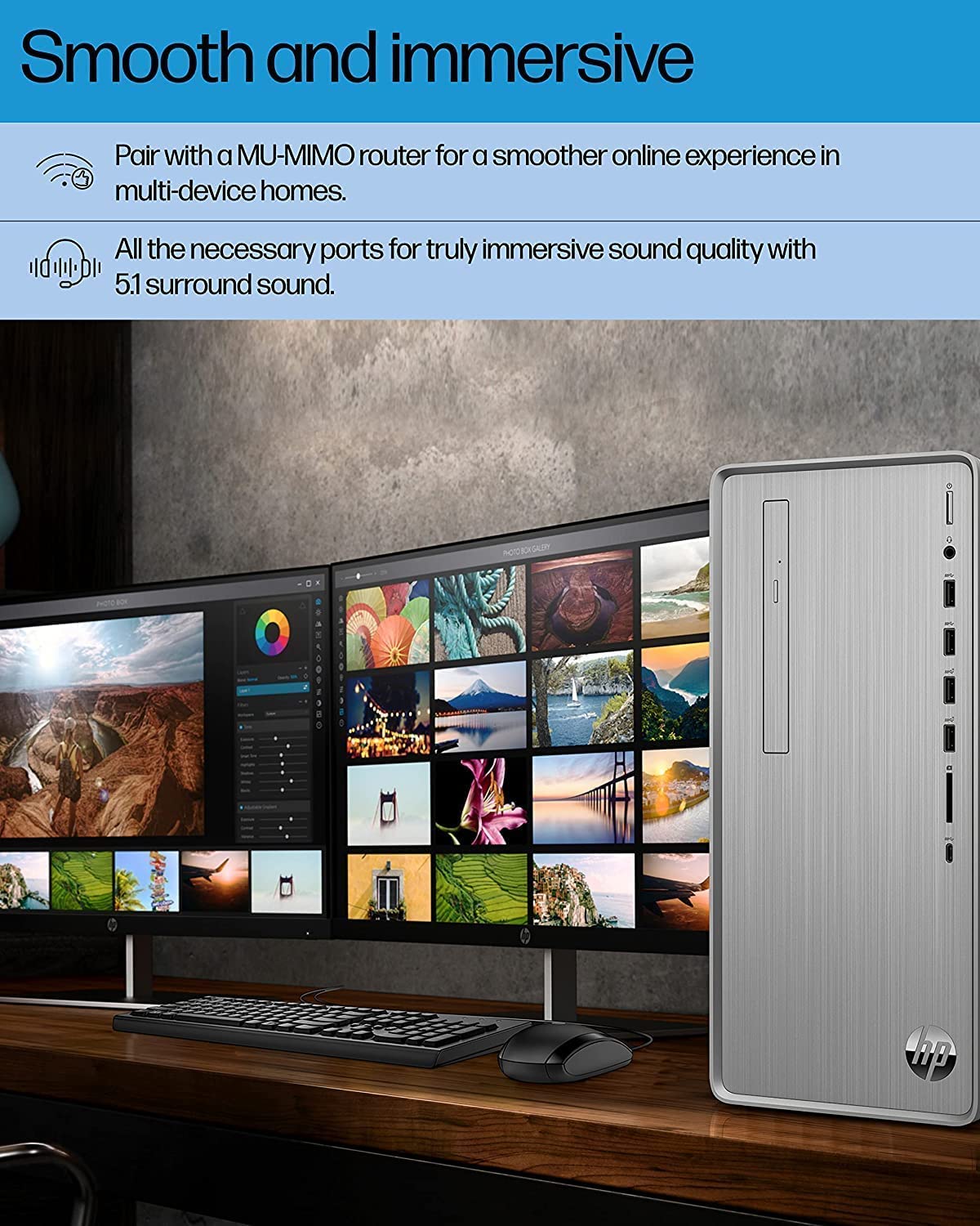HP 2023 Newest Pavilion Desktop PC, AMD Ryzen 7 5700G (8 cores), 32GB RAM, 2TB SSD, 2TB HDD, AMD Radeon Graphics, Wi-Fi, Bluetooth, Keyboard and Mouse Combo, 9 USB Ports, Windows 11 Pro, Silver