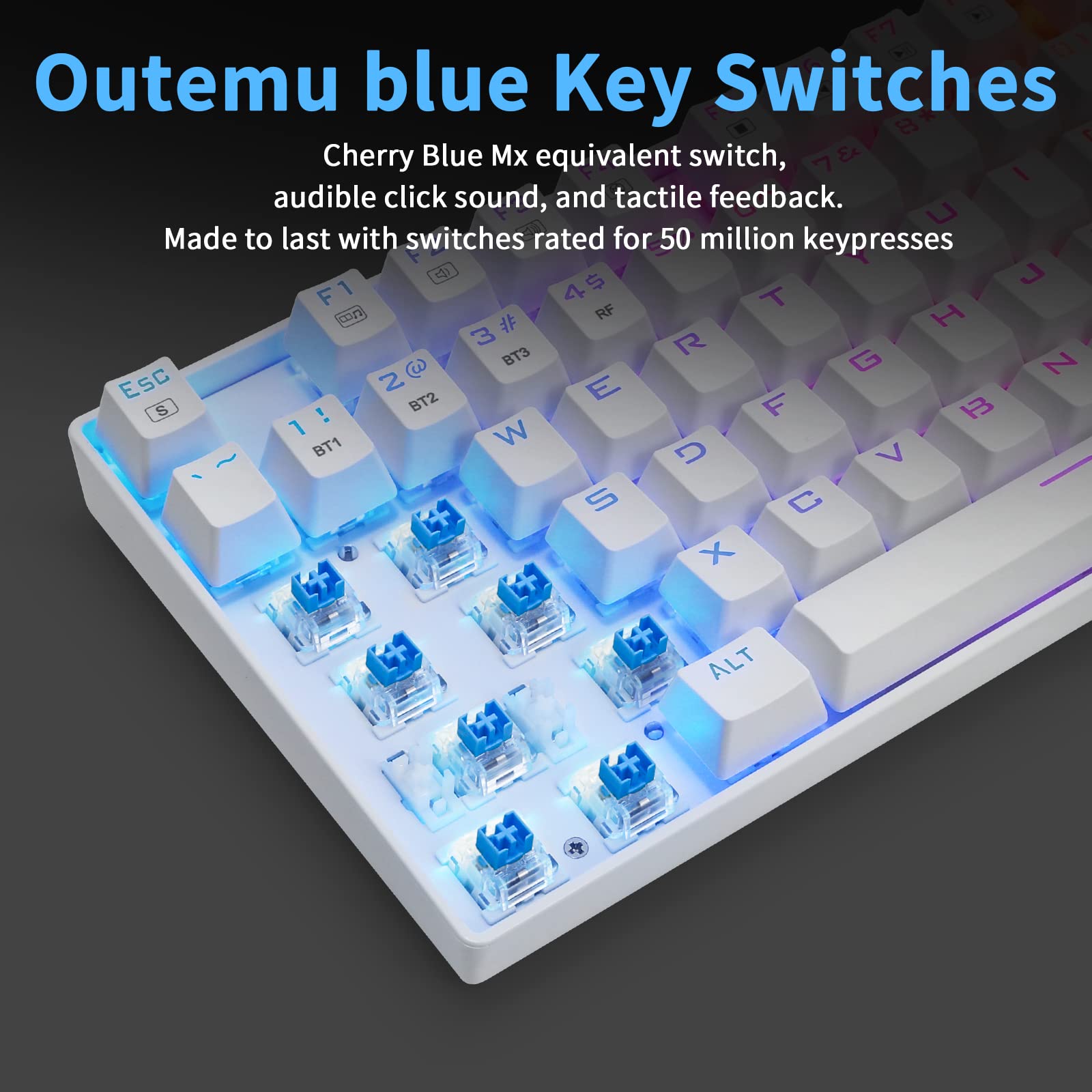 HUO JI Wireless RGB Mechanical Keyboard,Bluetooth/2.4Ghz/Wired Z-88 Gaming Keyboard with Clicky Blue Switches RGB LED Backlit 81 Keys Compact for Mac, PC, White