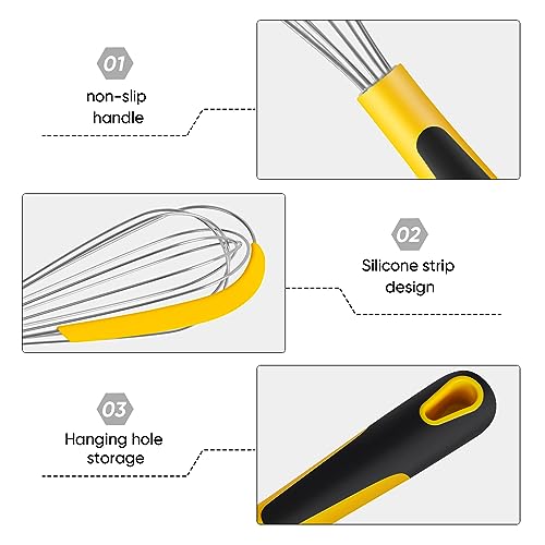 Maxjoy Silicone Whisk,Silicone Whisks for Cooking Non Scratch,Wisking Tool Metal Wire Silicone Stainless Steel Wisk for Kitchen Egg Bread Mixing,Small Mini Heat Resistant Whisk,Yellow & Black