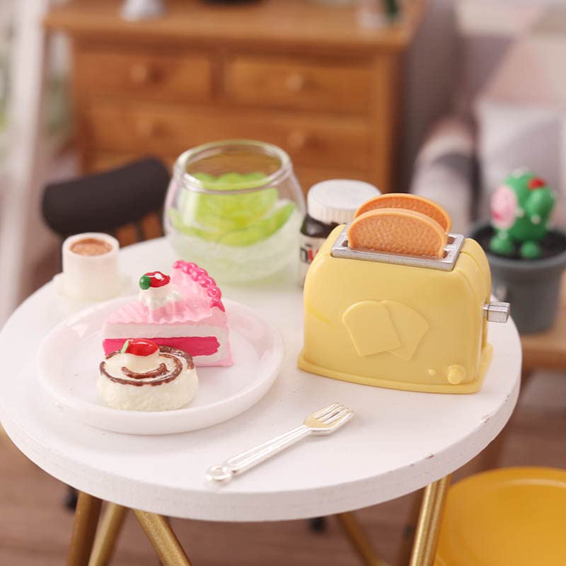 Miniature Dollhouse Kitchen Set 1:12 Decoration Waffle Maker Toaster Scale Stand Mixer Flour 10PCS Modern Mini House Furniture Accessories Kit Pretend Play (Yellow)