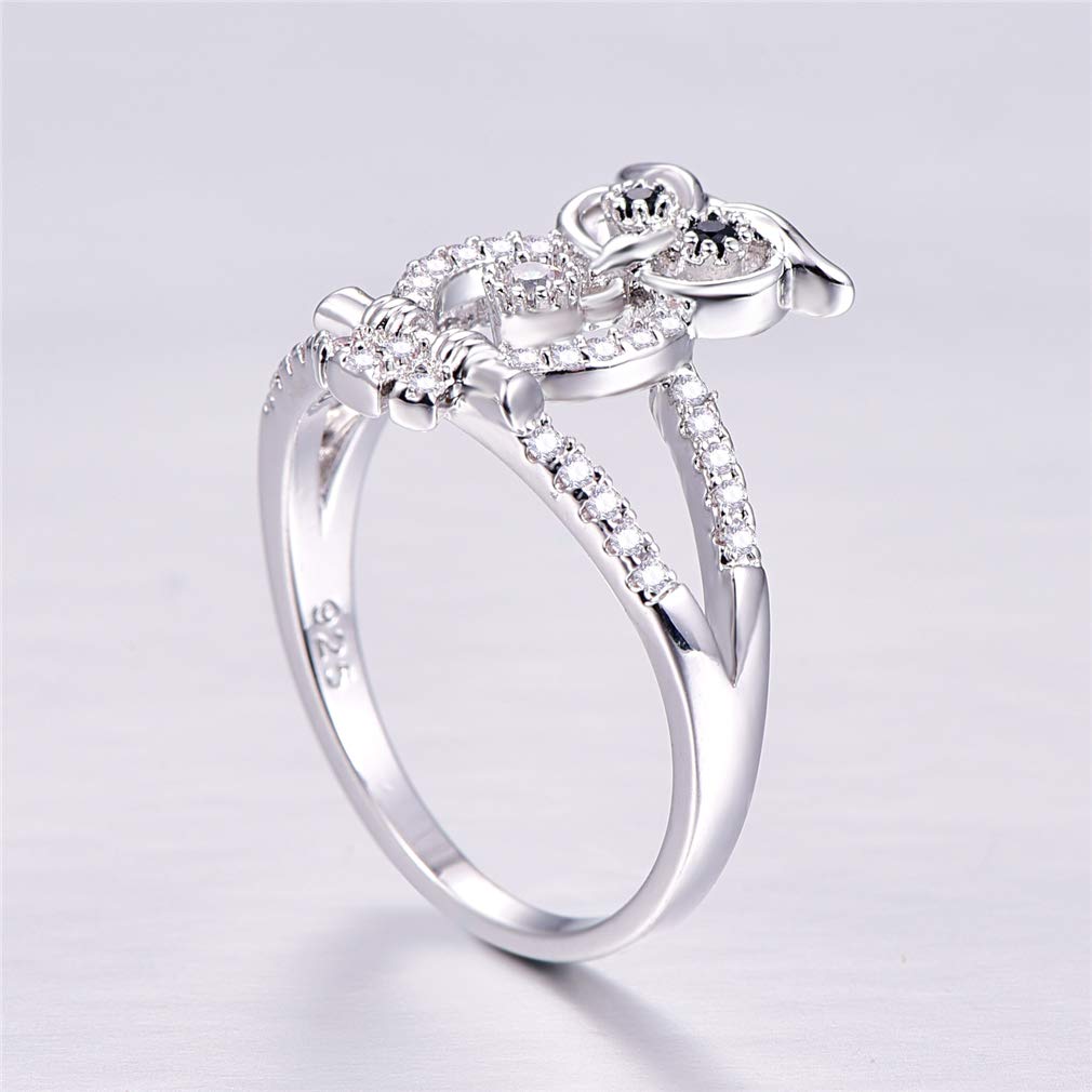 Honghu Owl Shape Black Spinel Women 925 Sterling Silver Ring Round Cut Engagement Statement Black #8