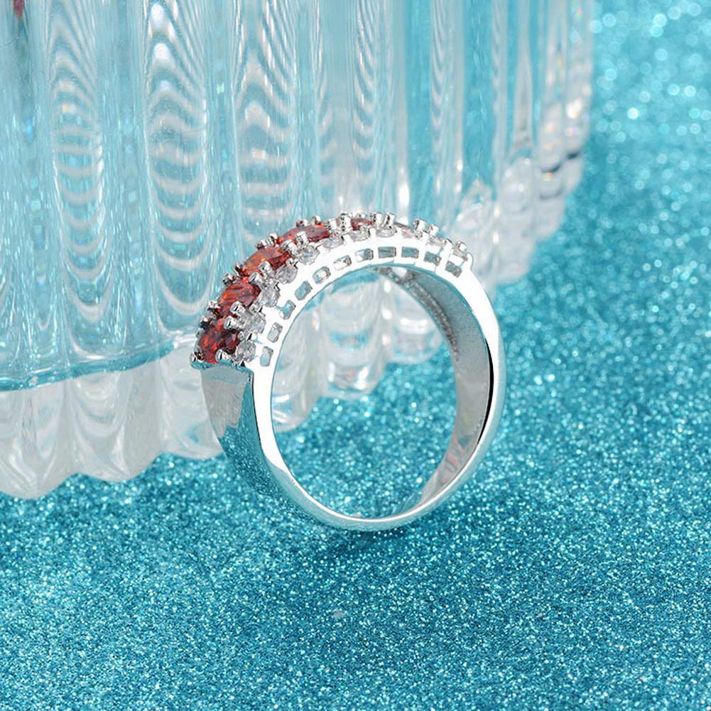 Honghu Platinum Plated Ring Garnet Rhinestone Oval Engagement Band Wedding Vintage Eternity Bridal Jewelry