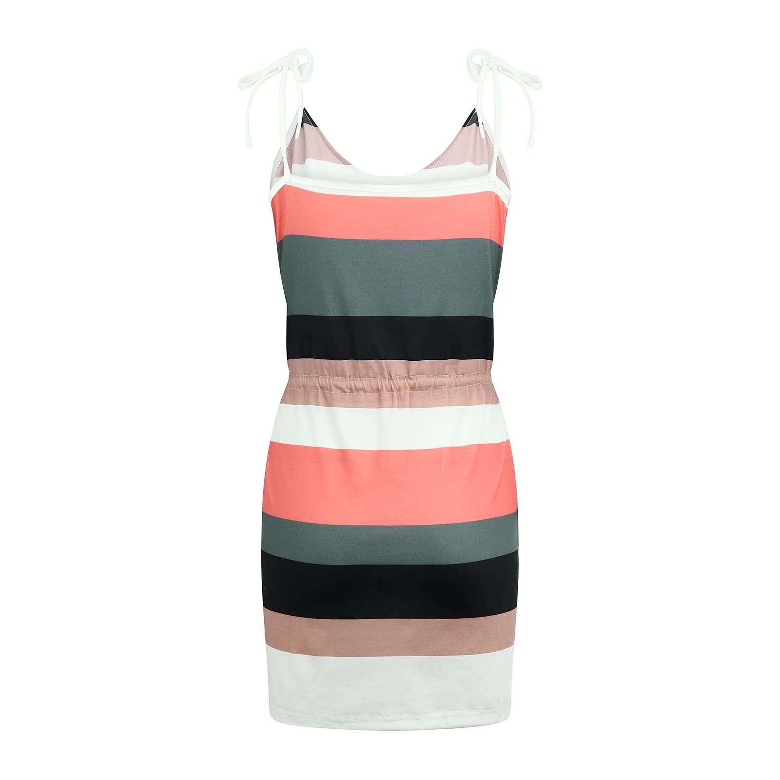 Keepfit Women Striped Mini Dress Drawstring Belt Lace Ups Straps Scoop Neck Spring Summer Sling Dress with Pockets Army Green