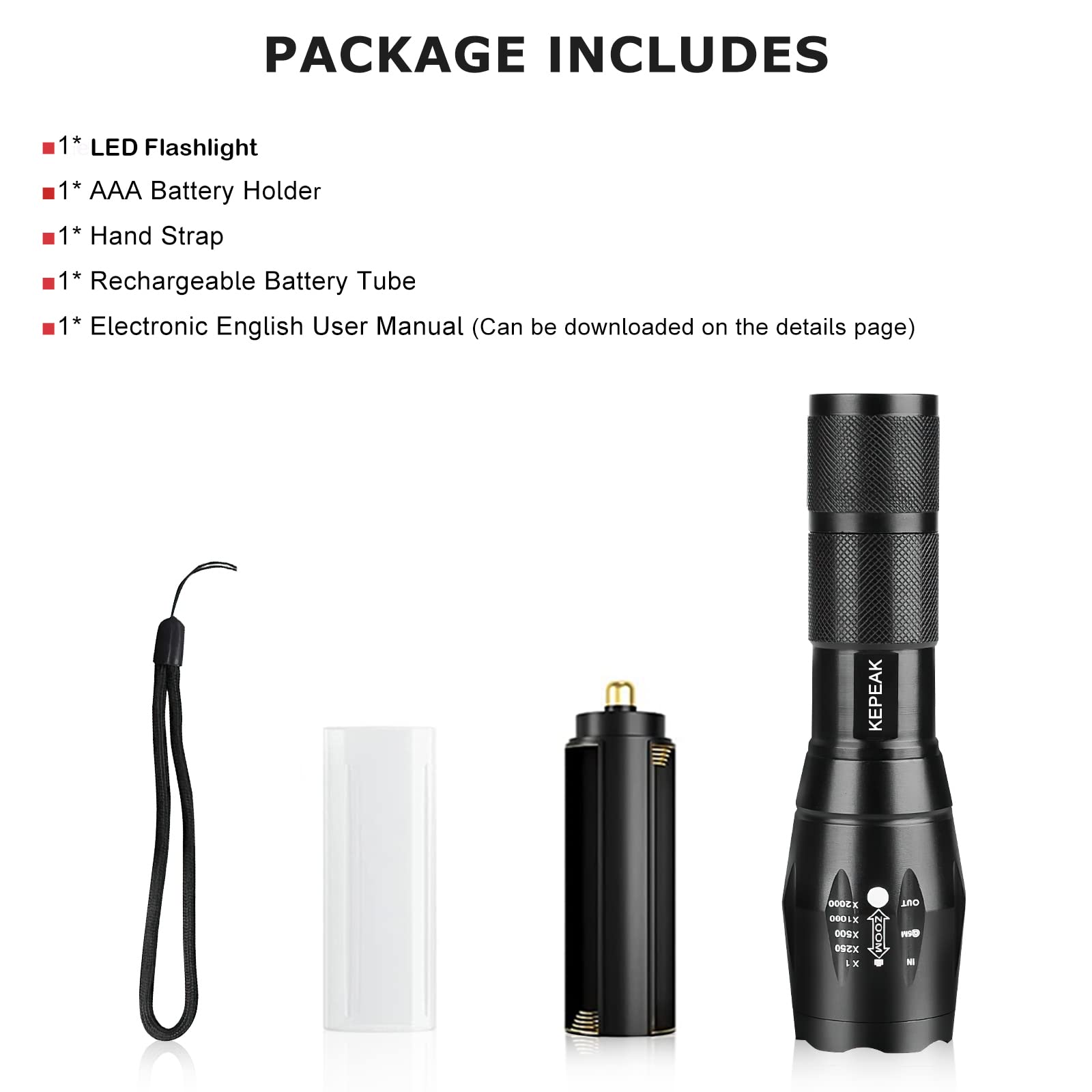 KEPEAK Flashlight, 5 Modes Tactical LED Flashlight, High Lumen IPX5 Water Resistant Flashlight for Camping, Outdoor Hiking, Emergency