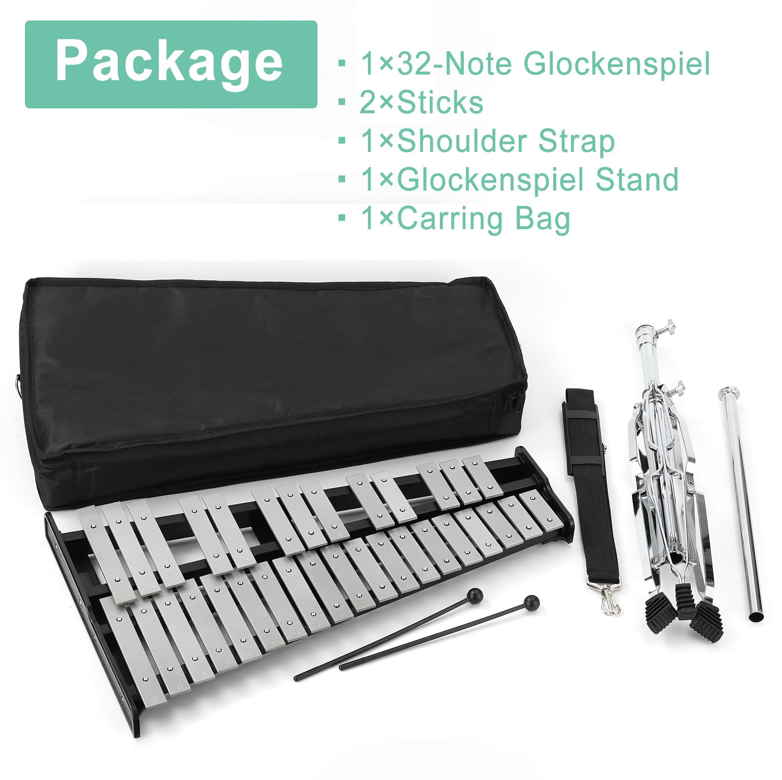Lfhelper 32 Notes Glockenspiel Percussion Bell Kit, Glockenspiel Xylophone Bell Kit, Glockenspiel with Case, Glockenspiel Instrument for Students with 2 Mallets, Stand and Carring Bag