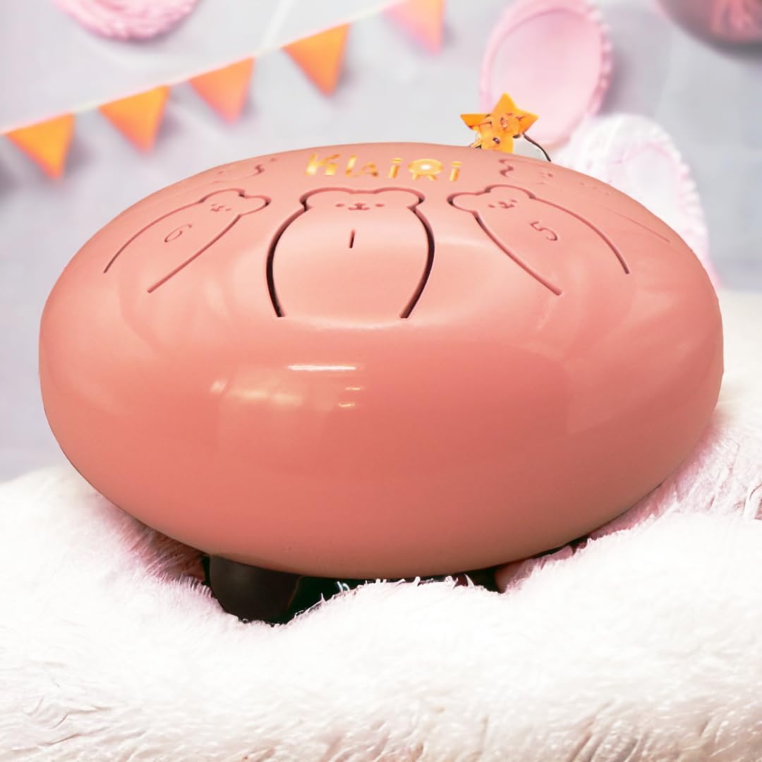 KLAIRI Ethereal Steel Tongue Drum – 8 Notes 6 Inches, Cute Bear Design, C Major Key, W Music Book, Mallets, & Carrying Pouch (Pink)