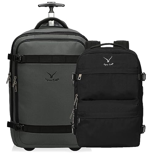 Hynes Eagle 2 in 1 Rolling Backpack 42L Backpack with Wheels Airline Approved Carry on Luggage Laptop Travel Backpack for Women Men Grey with 20L Personal Item Underseat Bag Black