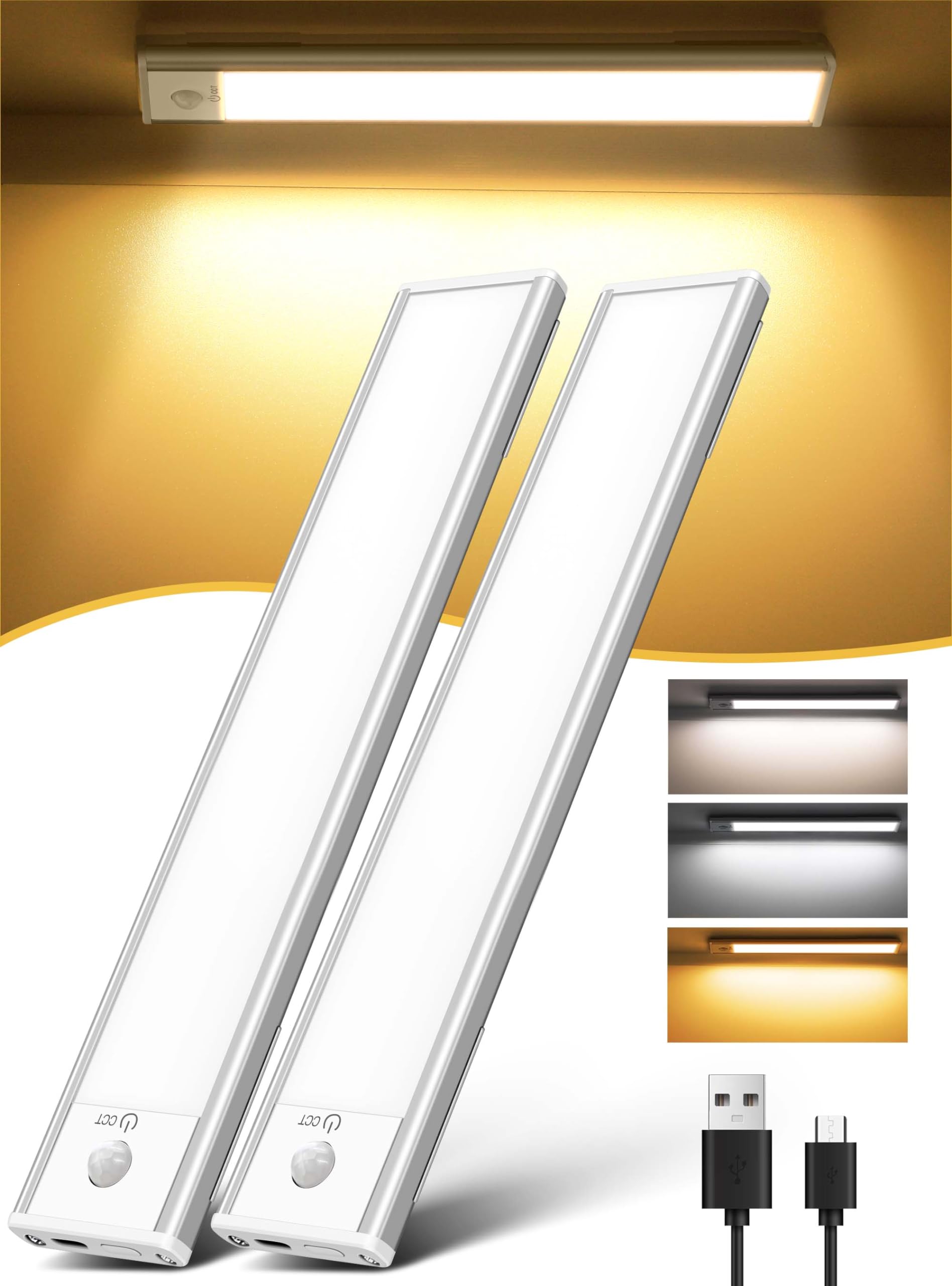 HOKOILN 3Pack 7” Under Cabinet Lights, Magnetic Led Motion Sensor Counter Lights, 1 Color Temperatures Light Bar, Closet Light for Kitchen, Bedroom, Wardrobe, Hallway, Stairs