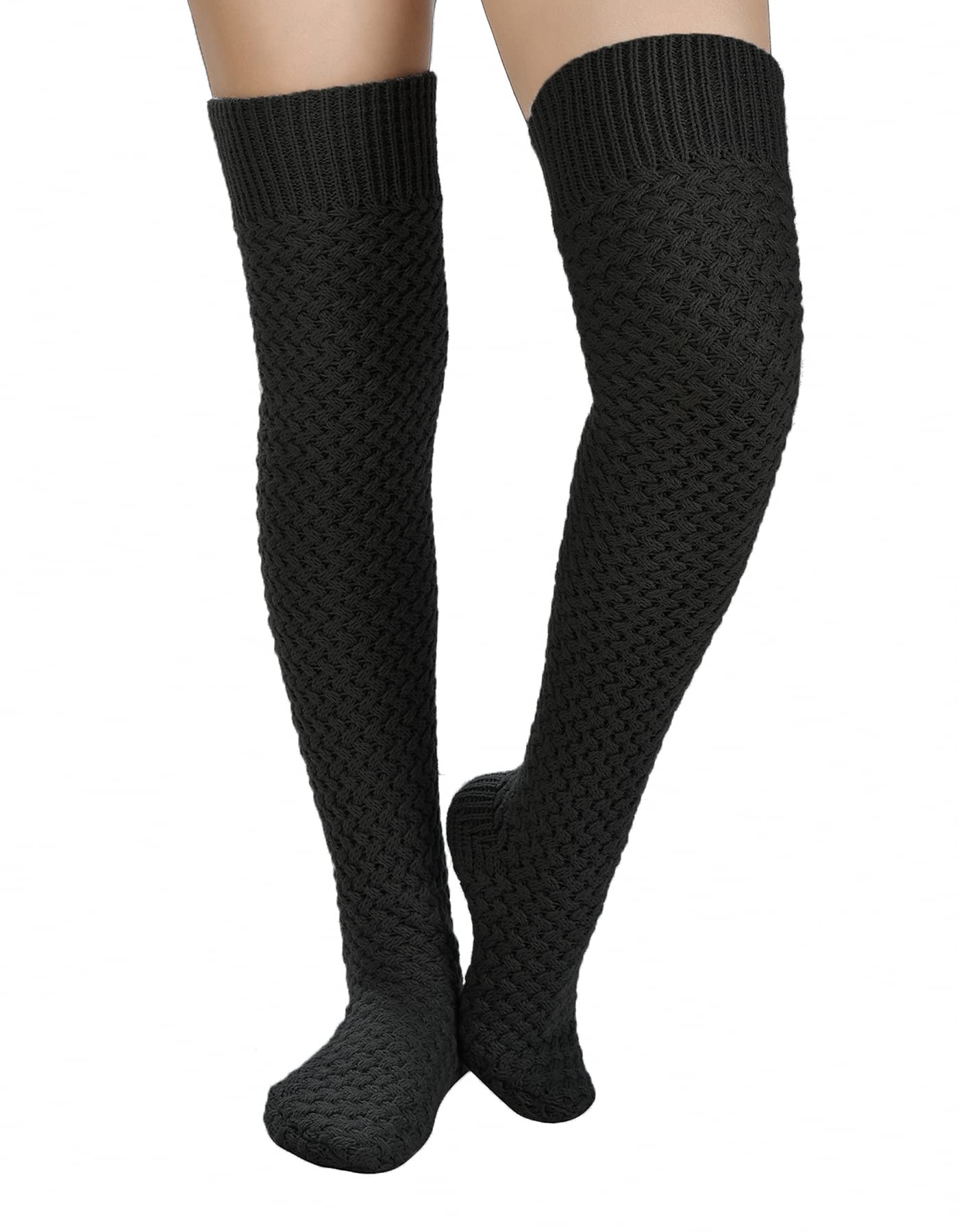 Leoparts Women's Knitted Thigh High Socks Crochet Over Knee Long Warm Thick Leg Warmers Boot Stockings Black-823 One Size
