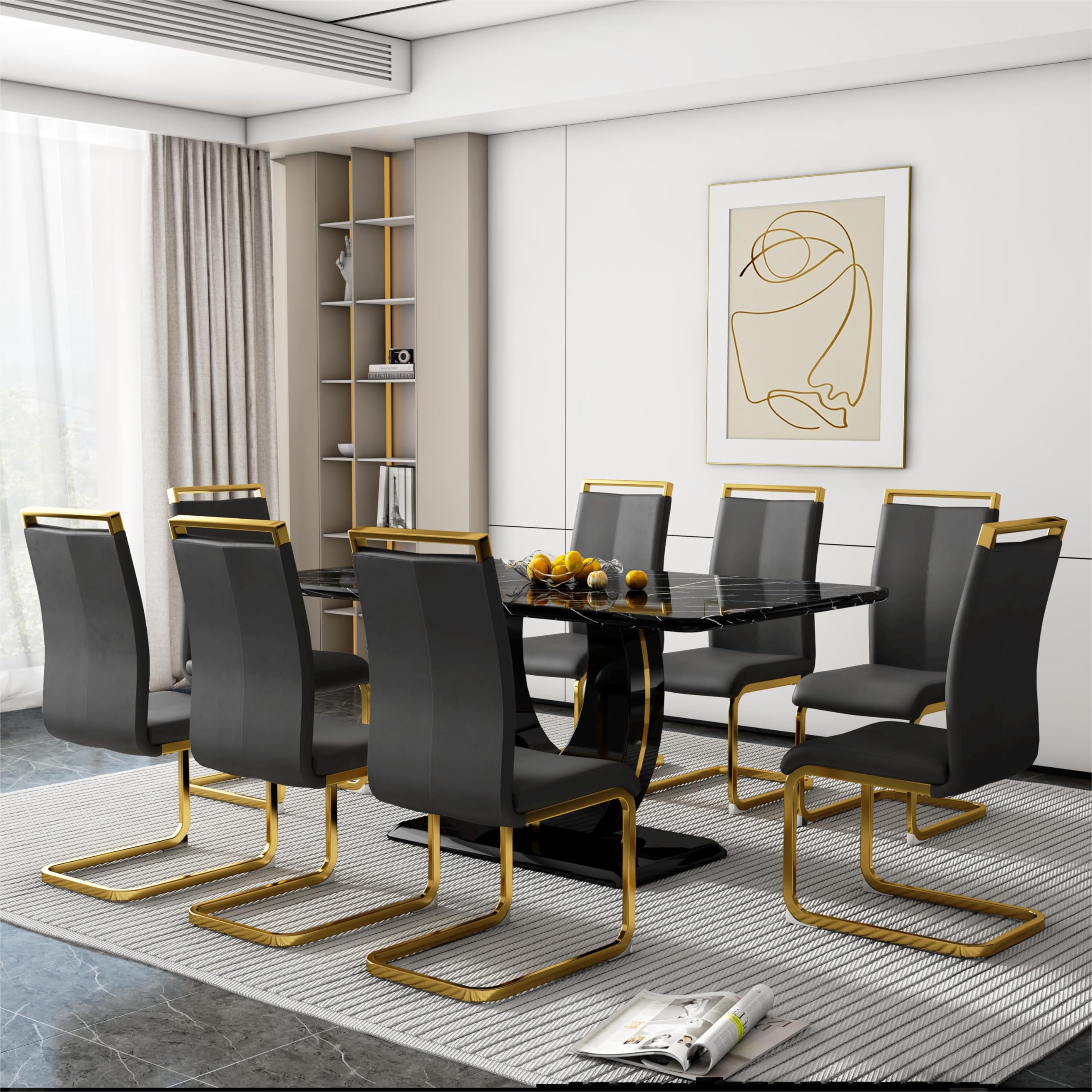 HAIZAO 63 inch Marble Dining Table Set for 8, Black Marble Grain Finish Tabletop Dining Table with MDF Base, PU Faux Leather Chairs with Golden Metal Legs, for Dining Room Kitchen, Black