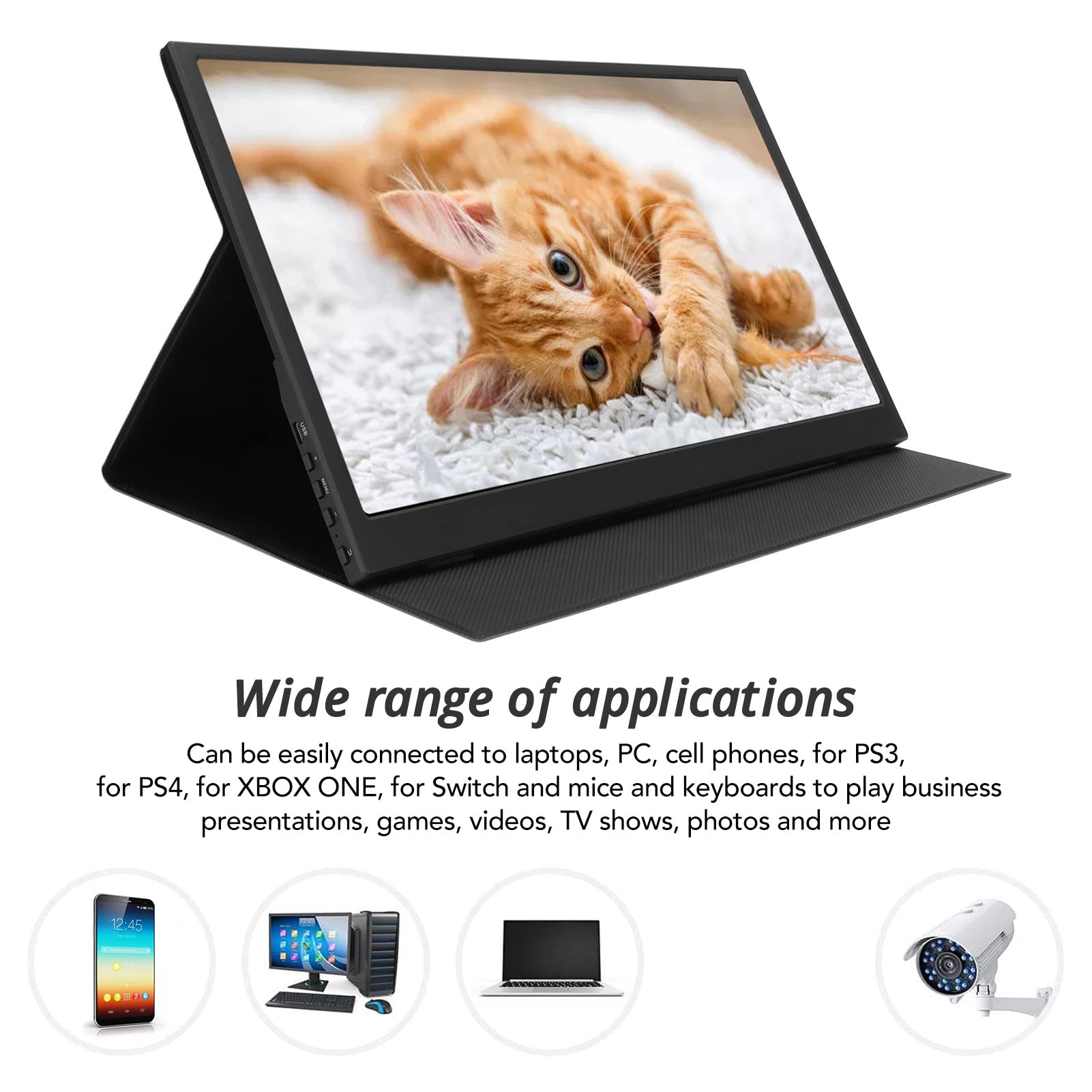 Portable Monitor, 1920X1080 Resolution HDR 15.6 Inches, Dual Stereo Speakers, PU Leather Case, Full View for More Clarity Suitable for PC, Cell Phone, PS3