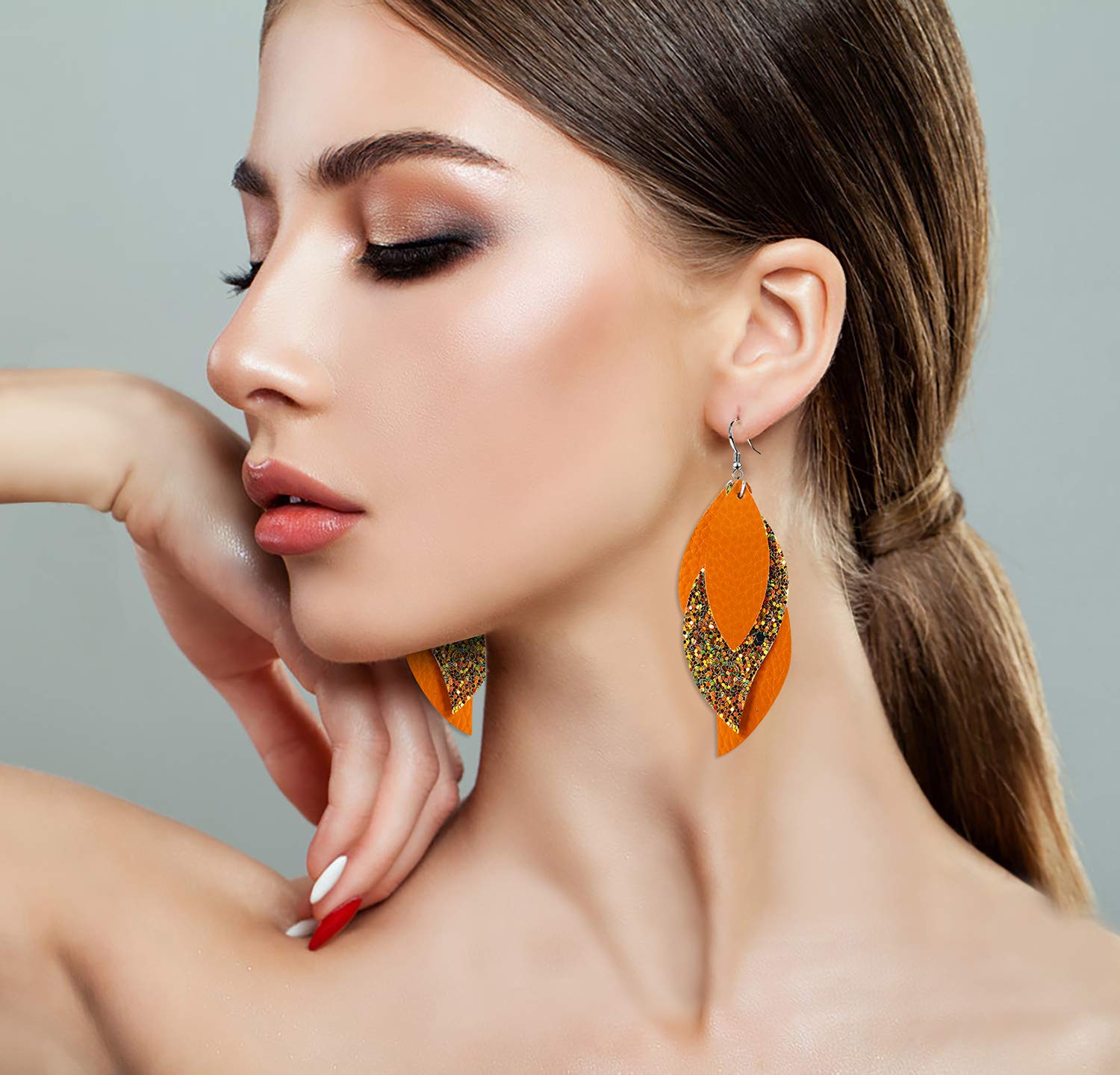 Honsny 16 Pairs Lightweight Leather Earrings for Women 3 Layered Faux Leather Leaf Earrings S Design Drop Dangle Earring Set