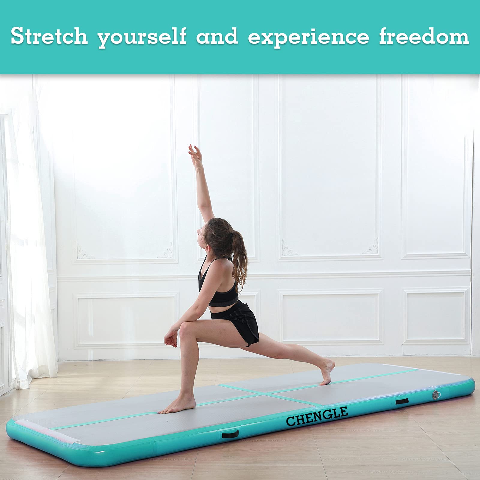 Gymnastics Mat , CHENGLE 10ft/13ft/16ft/20ft Inflatable Air Mat Tumble Track 4 inches thickness Tumbling Mat with Electric Pump for Cheerleading/Practice Gymnastics/Beach/Park/Home use