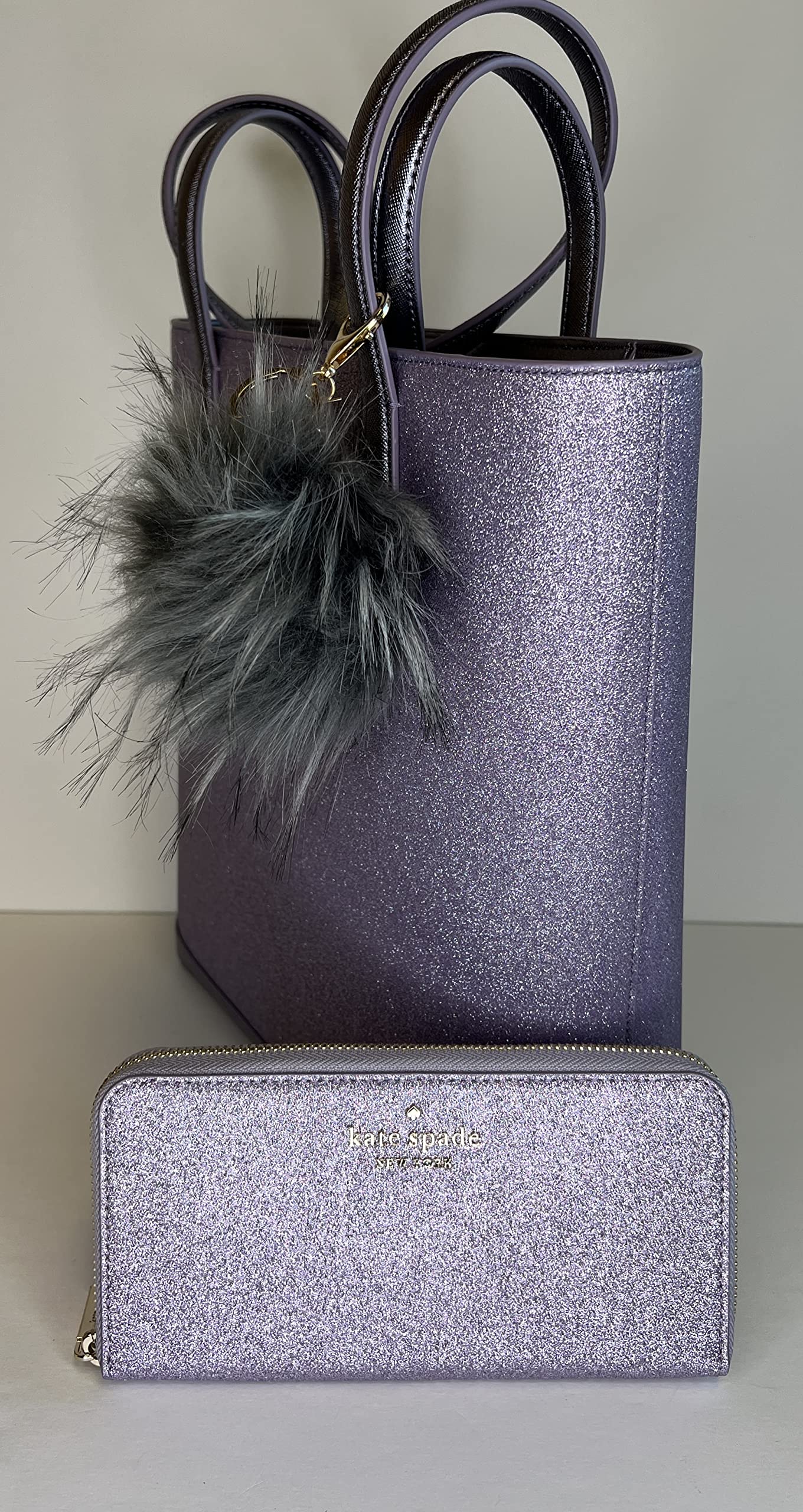 Kate Spade New York Tinsel Glitter Tote bundled with Large Continental Wallet and Fur Pom (Lilac Frost)