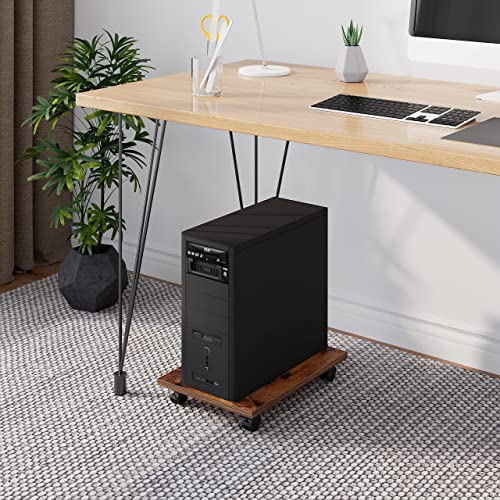 JOIN IRON CPU Stand Computer Tower Stand, Set of 2 Pc Tower Stand, Floor Pc Stand for Under Desk, Wood CPU Holder Stand Cart with Lockable Wheels, for Office, Home(Brown (Set of 2)