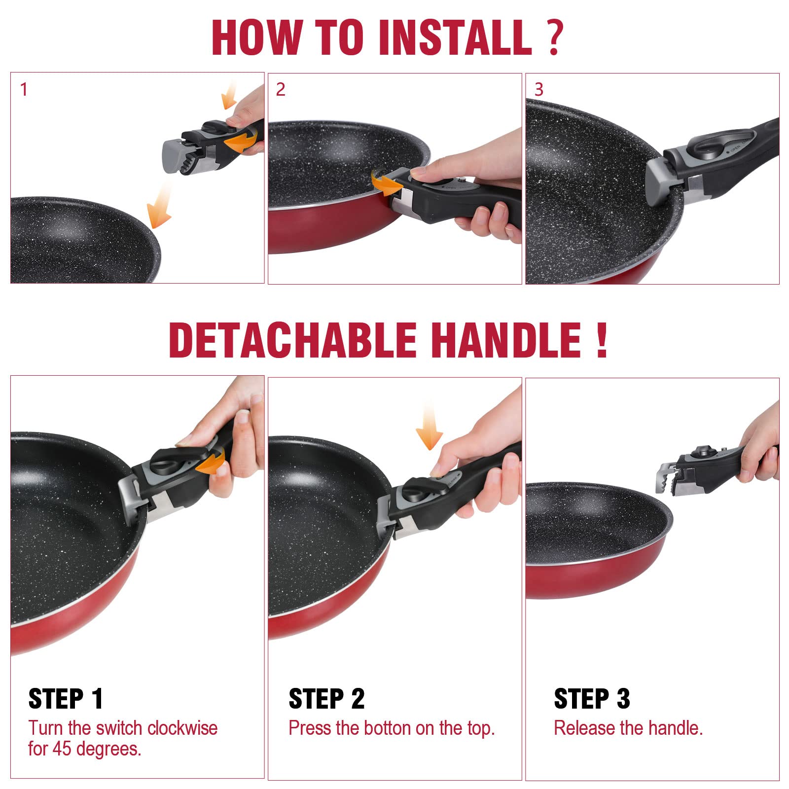 Midyb Kitchen Nonstick Frying Pan, Removable Handle Cookware Set, 10.2" and 11.6" Aluminum Non Stick Skillet for Home, Dishwasher & Oven Safe, PFOA Free