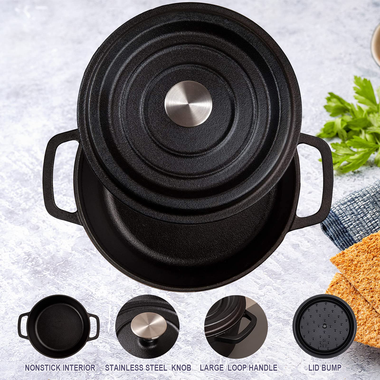 HOOEMD 3.5-Quart Nonstick Cast Iron Dutch Oven Pot with Lid, 8″ wide Small Cocotte for 2-3 People Bread Baking Use on Gas Electric Oven - Black