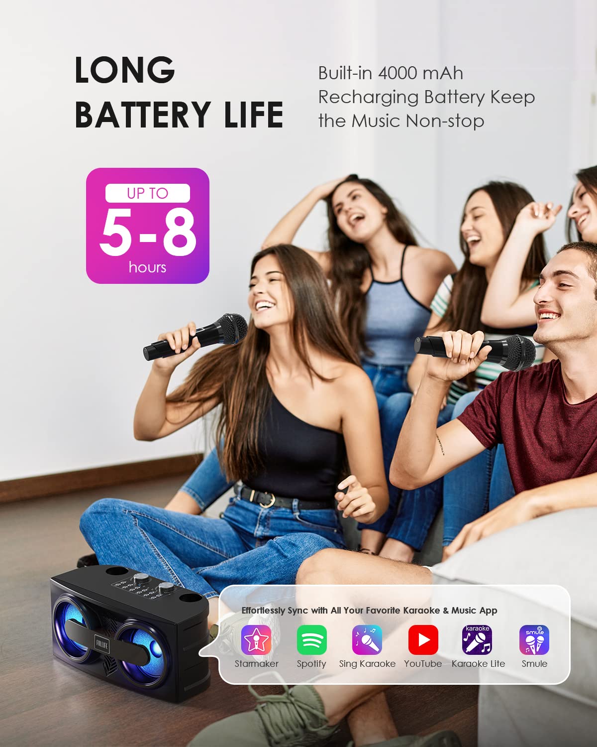 Karaoke Machine with 2 UHF Wireless Microphones for Adults/Kids, FULLIFE Portable Bluetooth PA Speaker System with Led Light/Echo/Bass Adjustment/Vocal Cut for Home Parties, Indoor/Outdoor