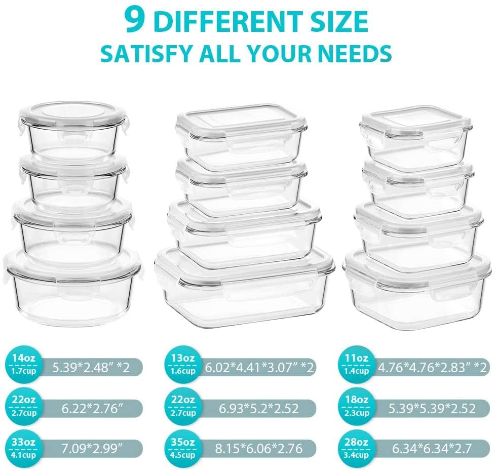 HOMBERKING 24 Pieces Glass Meal Prep Containers with Lids, Airtight Glass Bento Boxes, BPA Free & Leak Proof