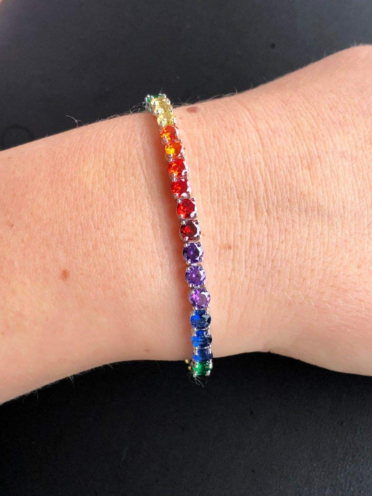 HarlemBling Real Solid 925 Sterling Silver Mens Or Womens Multi Colored Tennis Bracelet - 4mm Rainbow CZ - 6-9" (7.5)