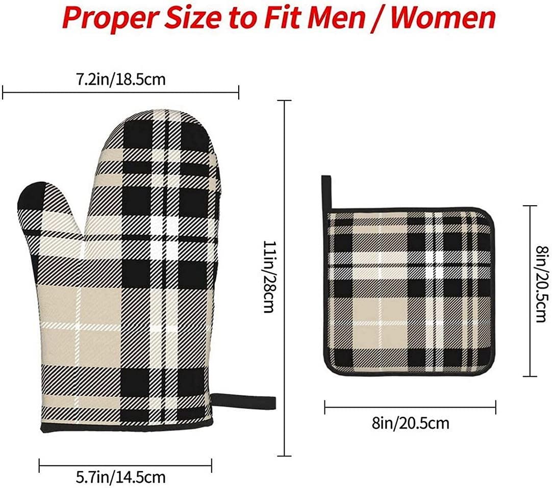 JKKL Fall Plaid Tan Black White Pattern,3pcs Oven Mitts and Pot Holders for Kitchen,Cooking,Baking,Grilling,BBQ