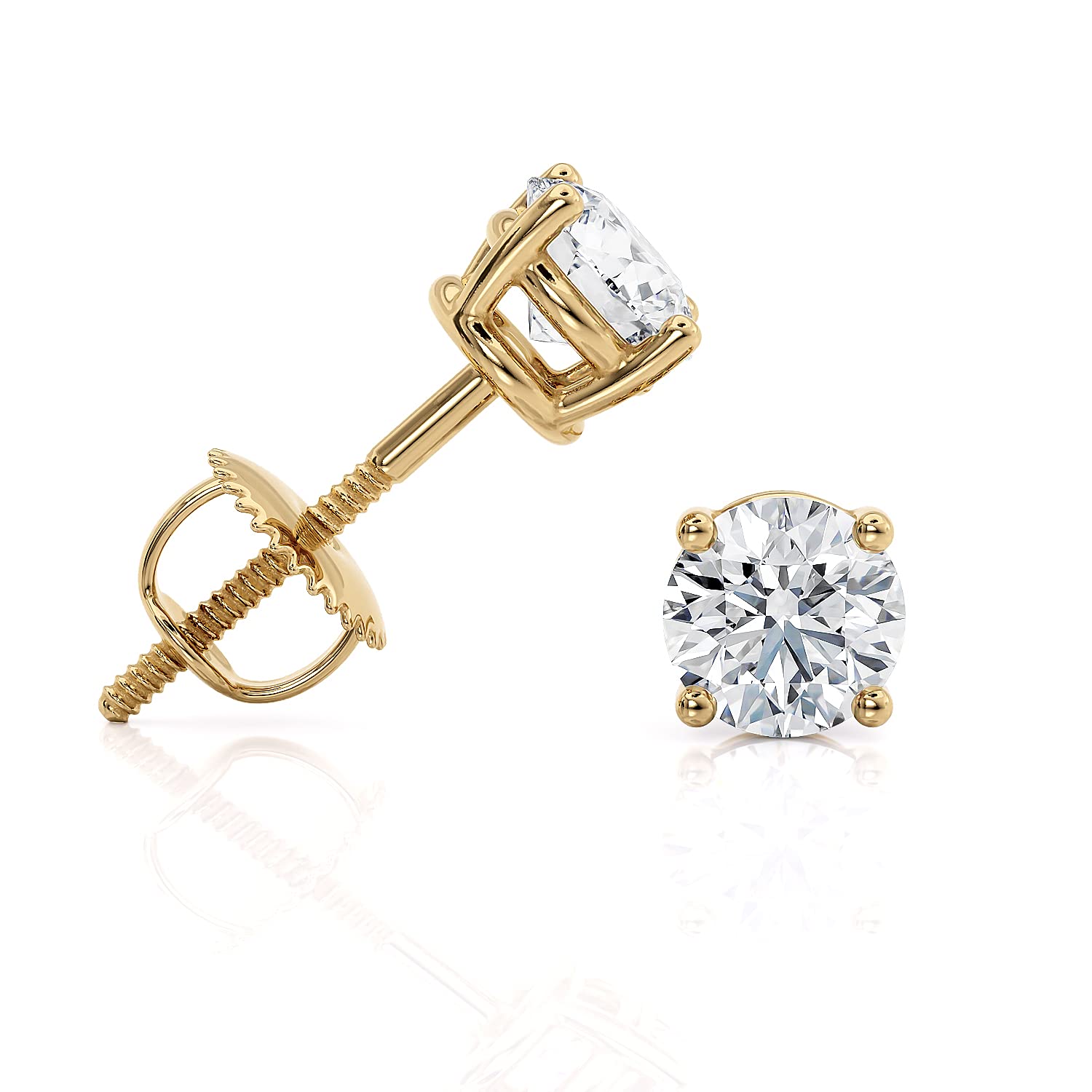 IGI Certified 1 Carat D-E Color Lab Grown Diamond Round Stud Earrings in 14k Yellow Gold 4-Prong Set Screw Back by Beverly Hills Jewelers