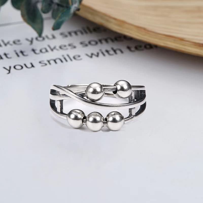 LETINE Fidget Rings For Anxiety For Women Men, Sterling Silver Anxiety Ring With Bead Unisex Spinner Ring Adjustable Worry Ring