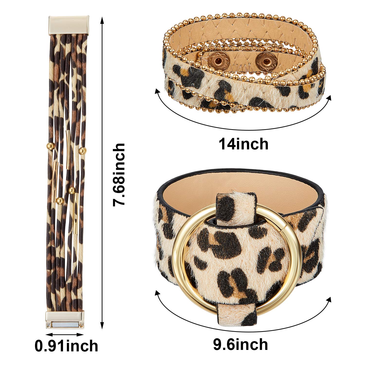 Hicarer 5 Pieces leopard bracelet Leopard Tube Bracelet Multilayer Leather Cuff Bracelet Boho Leopard print Wrap Bracelet for women