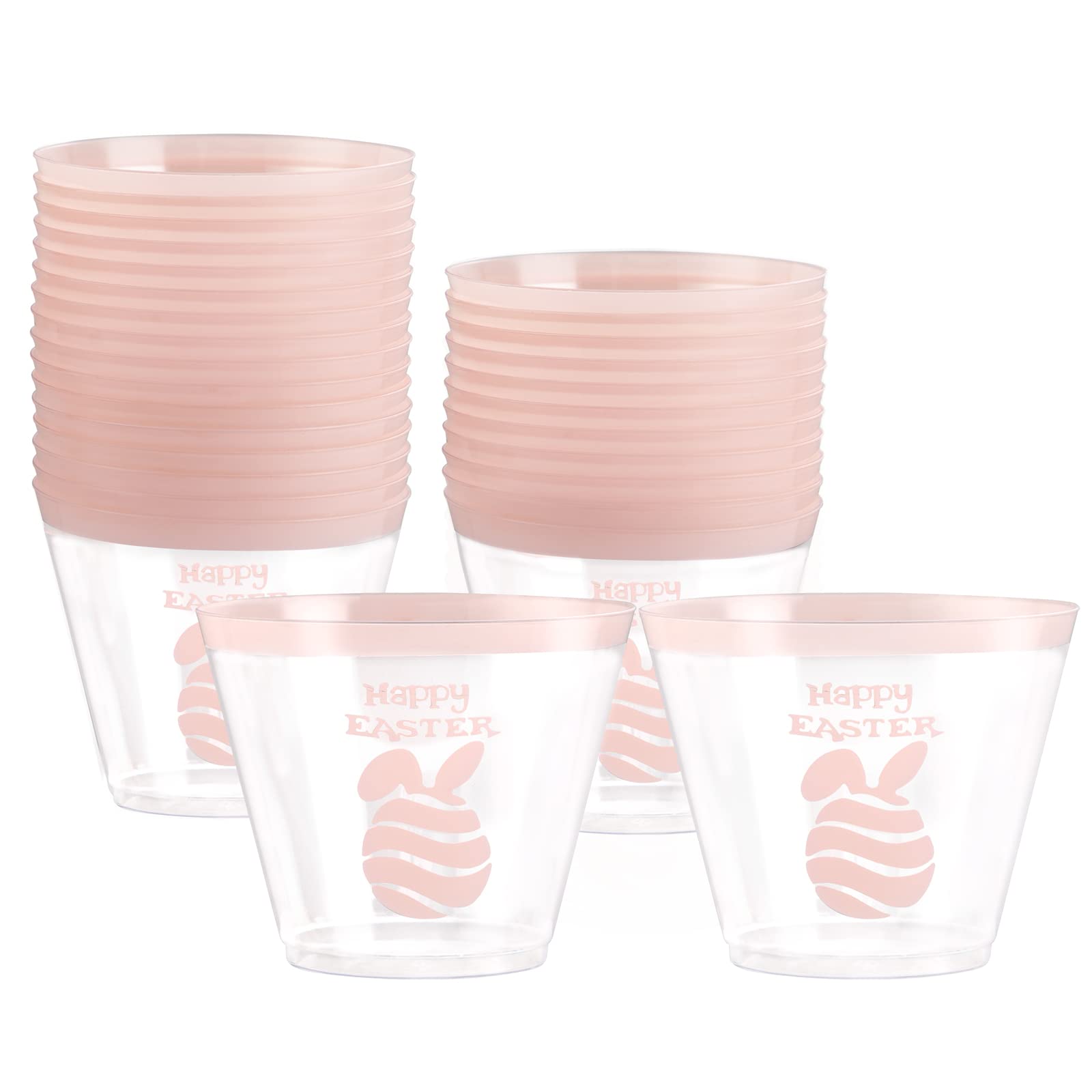 I00000 100Pack Happy Easter Pink Plastic Cups, 9 Oz Clear Disposable Cups Pink Party Cups Plastic Wine Cups Drink Cups Cocktail Glasses with Happy Easter Bunny Ears Eggs Design for Party Celebration