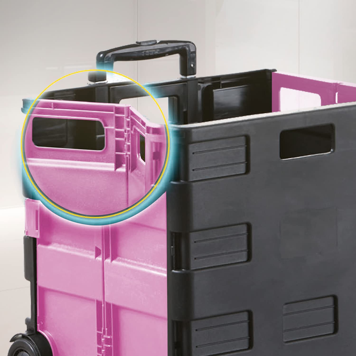 Inspired Living Ultra-Slim Rolling Collapsible Storage Pack-N-Roll Utility-carts, with Telescopic Handle, for Home, Garden, Shopping, Office, School use, Large, Pink & Black