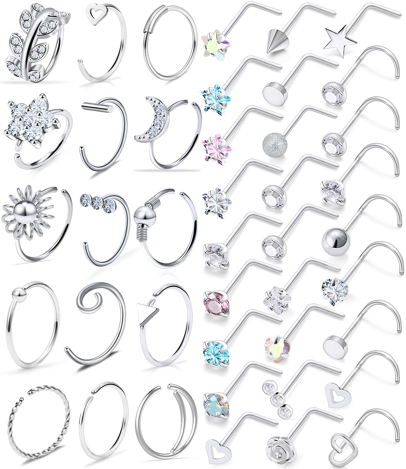 Kridzisw 18G Nose Rings Hoops Studs Piercing Jewelry for Women 18 Gauge Stainless Surgical Steel L Shaped Bend Screw Nose Ring Hoop Nose Rings Stud Nostril Piercing Jewelry Men Silver 2mm CZ Diamond