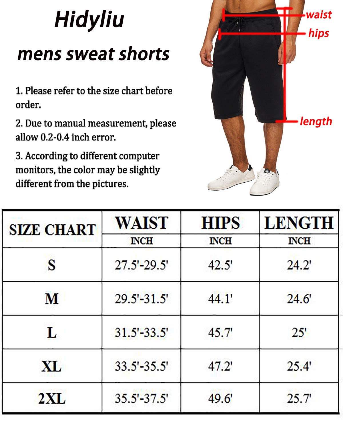 Hidyliu Mens Elastic Waist Drawstring Workout Gym Joggers 3/4 Shorts Summer Casual Sweat Short Pants with Pockets (Black Workout Shorts, 2XL)