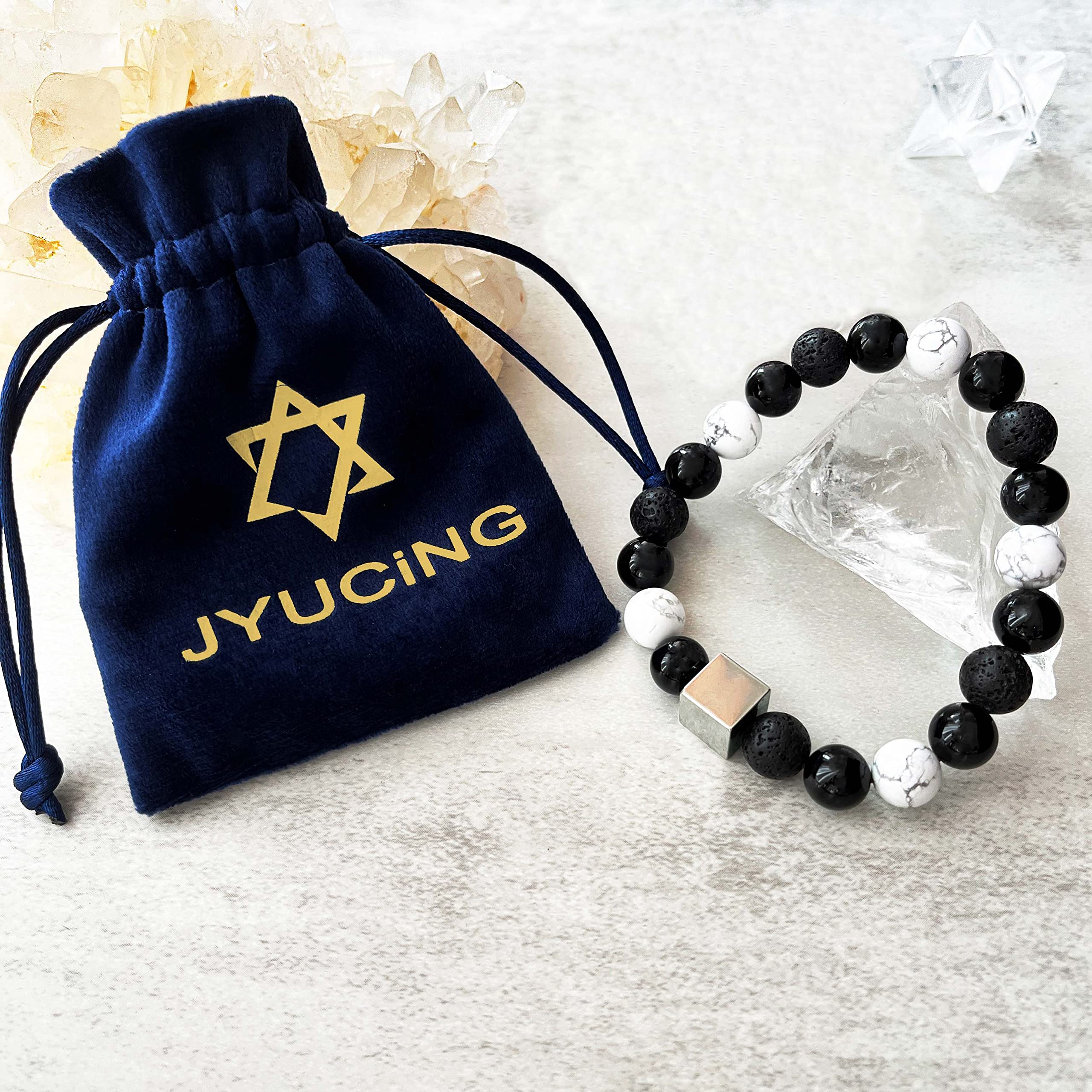 JYUCING Crystal Bracelet Natural Black Onyx Lava White Turquoise Stone Healing Stone 10mm Round Beads Hematite Square Bead Stretch Bracelet 7.2" Unisex