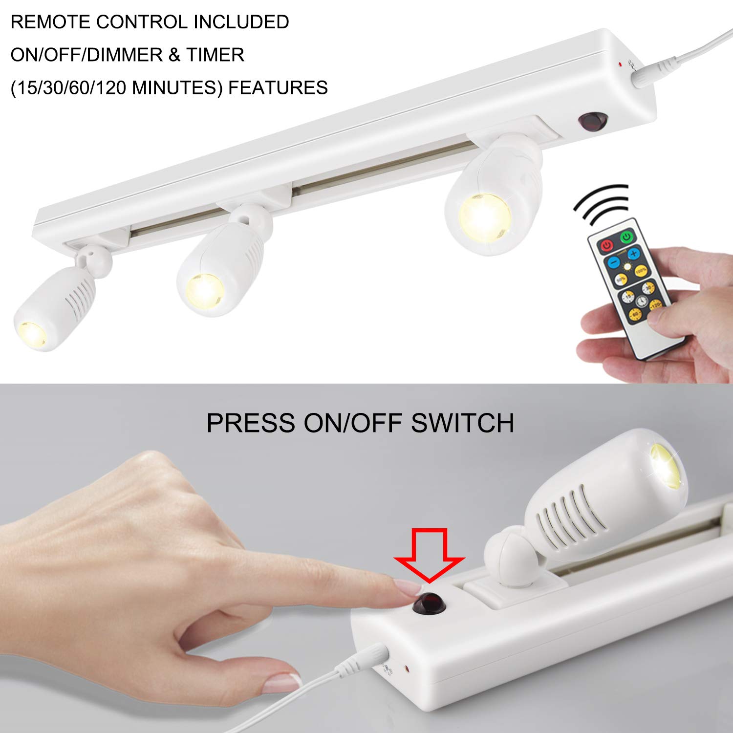 HONWELL Track Lighting LED Spotlights with 3 Rotatable Lights Heads, Under Cabinet Counter Lighting Plug in Accent Lights Remote Controlled Ceiling Track Lights for Wall Picture Artwork Display