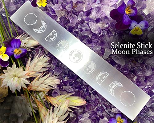 Infinity Healing Stones - Moon Phase Selenite Wand Gemstones Crystal Charging Stick Décor Phases Plate Divination WandStick New Stick, Multicolor, Medium, (IHS-MOONPHASESTICK-123)