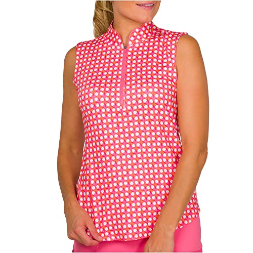 Jofit Apparel Women’s Athletic Clothing Sleeveless Scallop Mock for Golf & Tennis, Size Large, Tonal Diamond Print