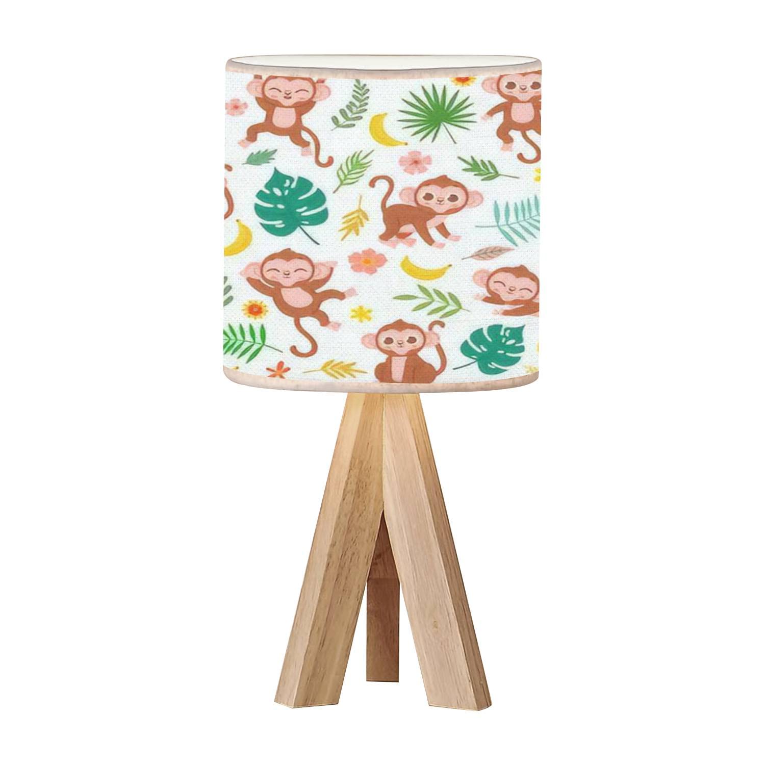 OEPWQIWEPZ Tripod Bedside Desk Table Lamp Seamless Baby Monkey Banana Tropical Leaves Cartoon Childish Jungle Wood Nightstand Lamp with Linen Fabric Shade for Nursery Bedroom Living Room Kids Room