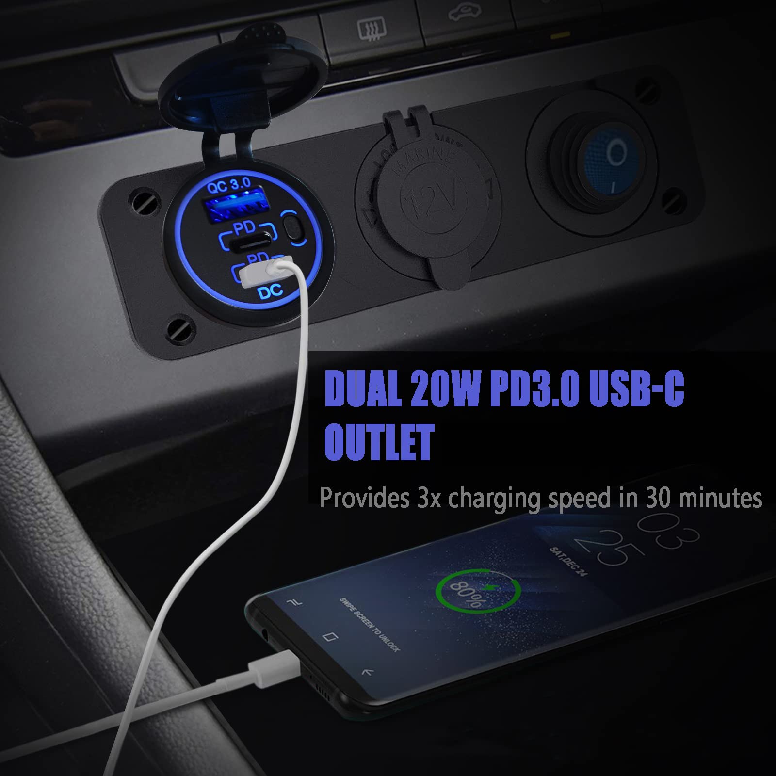 KMORET 12V USB C Outlet Dual PD 20W USB-C and QC3.0 USB Port Car Charger Socket with Switch for Car RV Boat Marine Truck Motorcycle