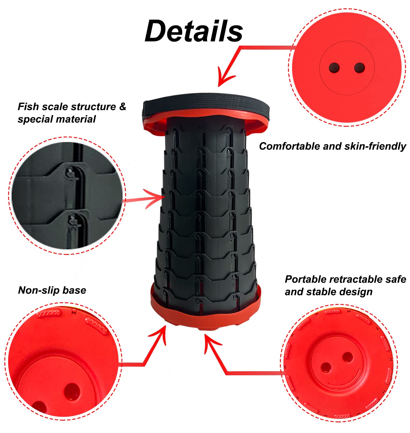 ISTOOL 2022 Upgraded- Retractable Stool, Collapsible Telescoping Folding Portable Stool for Fishing Traveling with High Load Capacity 400lbs for Adults Indoor Outdoor Activities (RED)