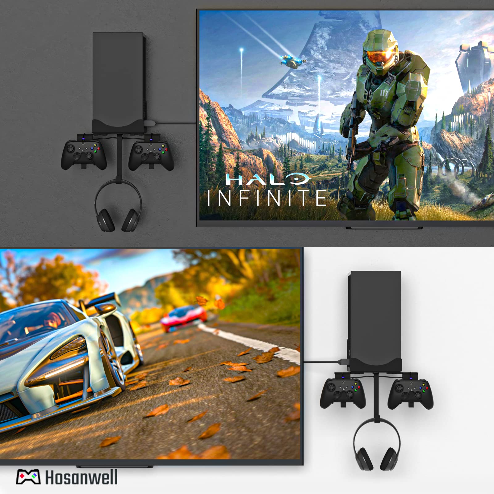Hosanwell Xbox Series X Wall Mount, 4 in 1 Xbox Series X Wall Mount Kit, with Detachable Controller Holder & Headphone Hanger Heat Dissipation, with Non-Slip Mat Easy Installation(Black)