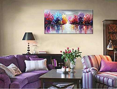 Hand Painted Lake Landscape Canvas Wall Art with Colorful Tree Thick Texture Oil Painting Abstract Artwork (48 x 24 inch)